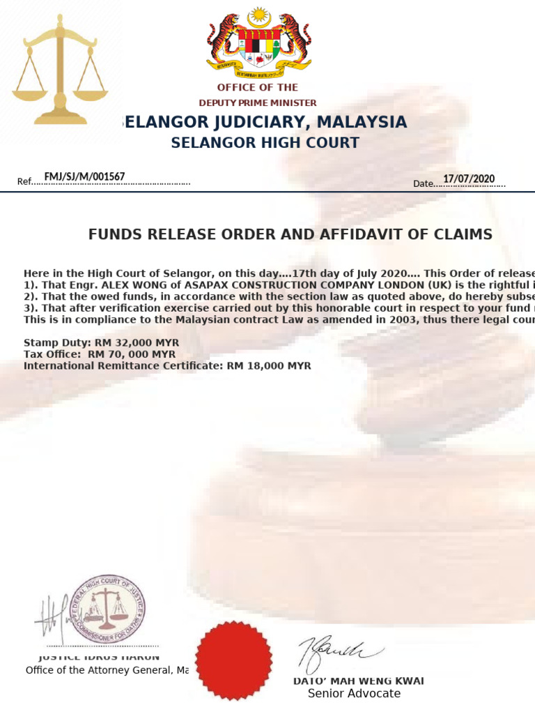 Alex Wong Affidavit For Fund Release-1 | PDF | Business | Law