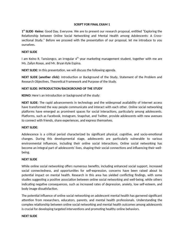 Script For Final Exam 1 | PDF | Adolescence | Mental Health