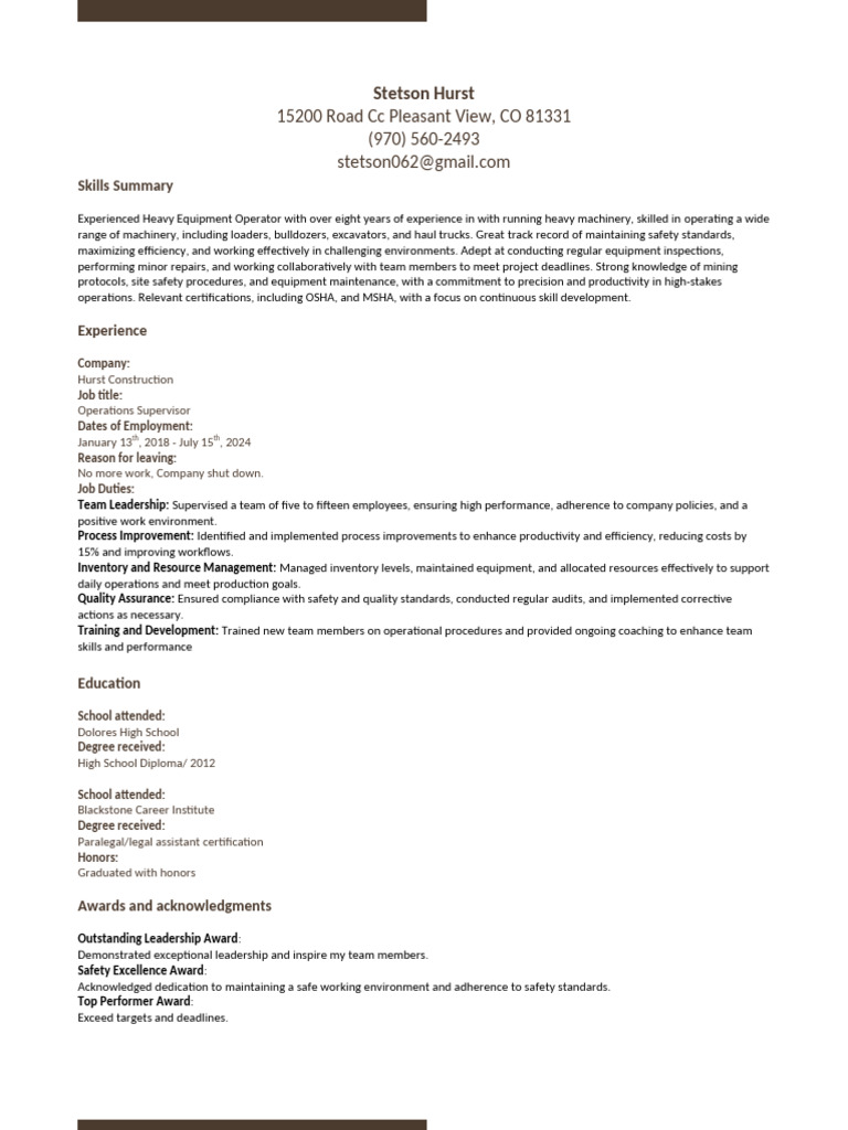Operation Supervisor Resume 2024 | PDF | Leadership | Heavy Equipment