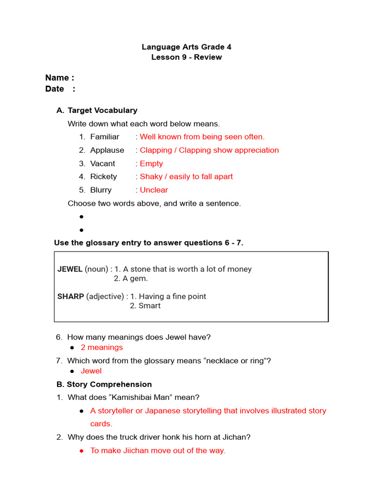 Answer Key G4. Lesson 9 - Review | PDF | Travel | Language Arts & Discipline