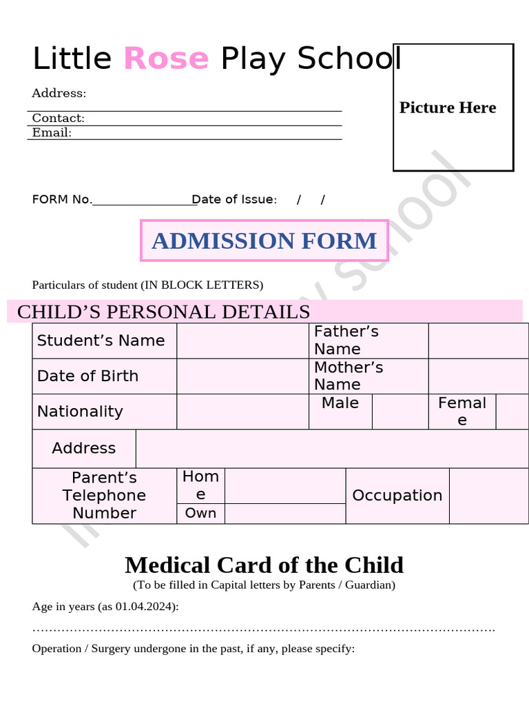 Play Admission Form | PDF