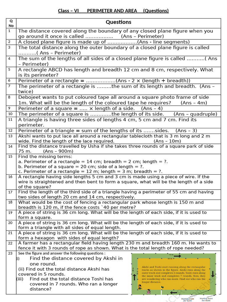 Class 6 Perimeter and Area Questions | PDF | Area | Length