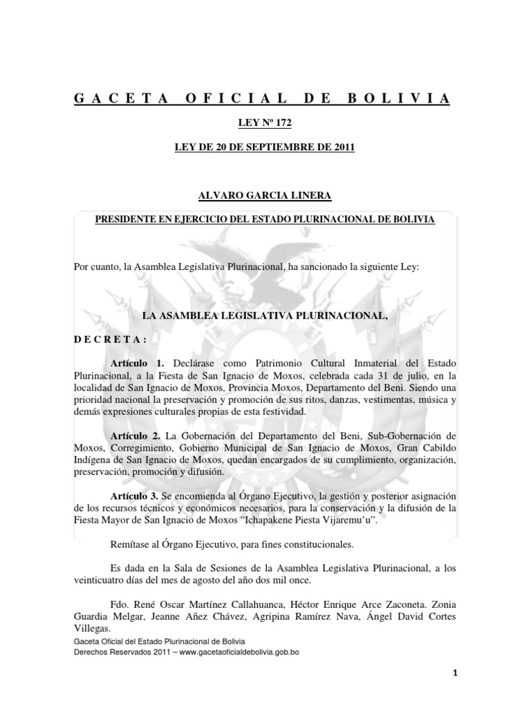 Ley 172 Declaracion Como Patrimonio Cultural e Inmaterial A La Fiesta ...