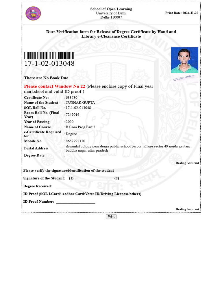 SOL Degree Certificate Clearance Form | PDF