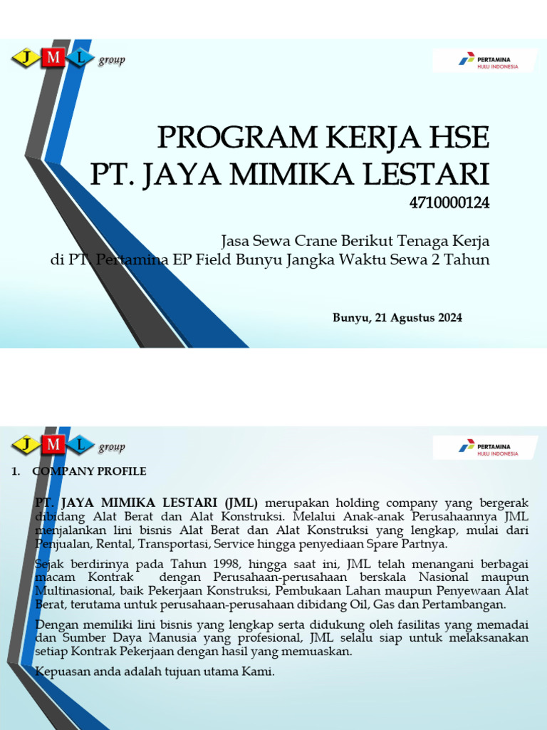 Materi Pemaparan Program Kerja HSE - 4710000124 - PT Jaya Mimika Lestari | PDF