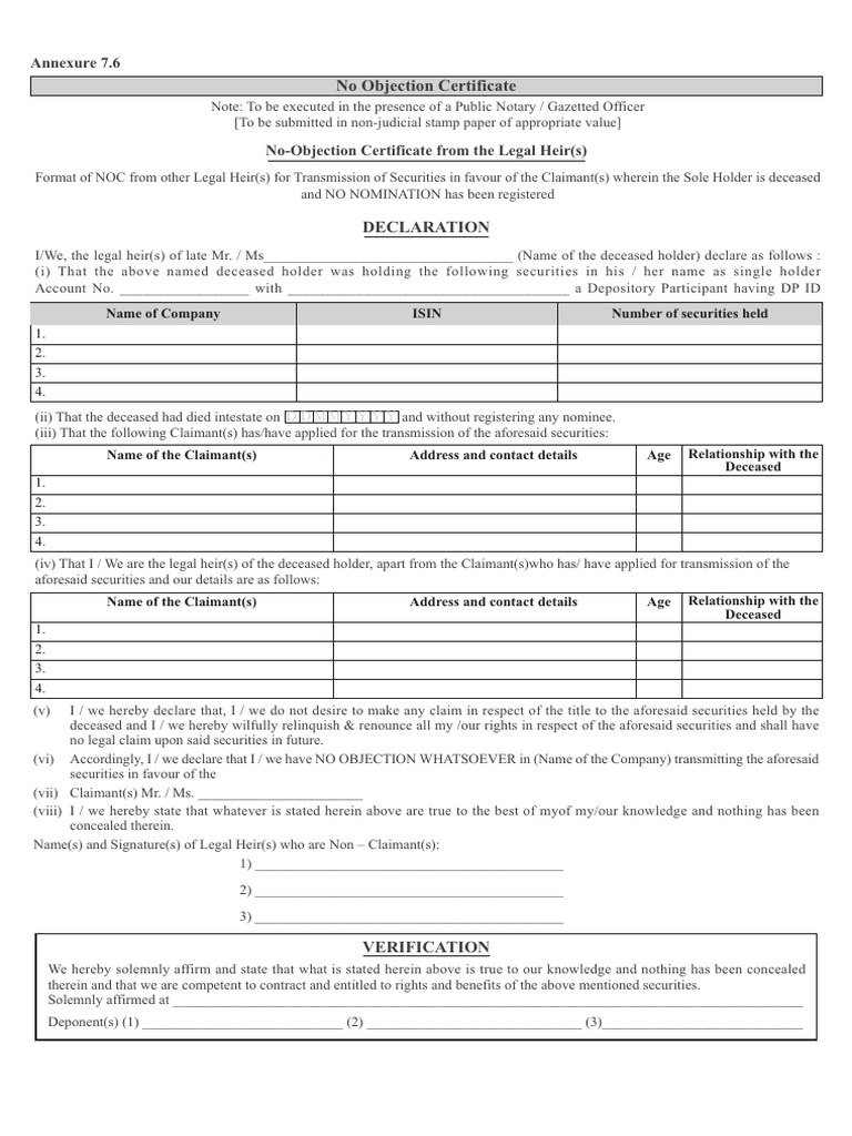 No Objection Certificate From The Legal Heir(s) Annexure 7.6 | PDF | Common Law | Justice