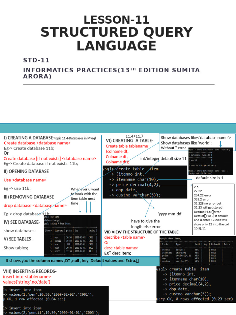 9) 11th LESSON 11structured Query Langauge | PDF | Relational Database ...