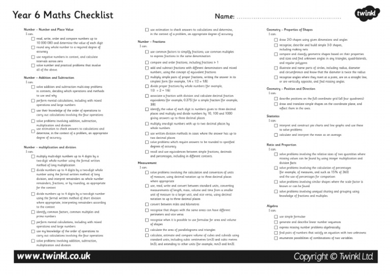 Year 6 Maths Assessment Checklist | PDF