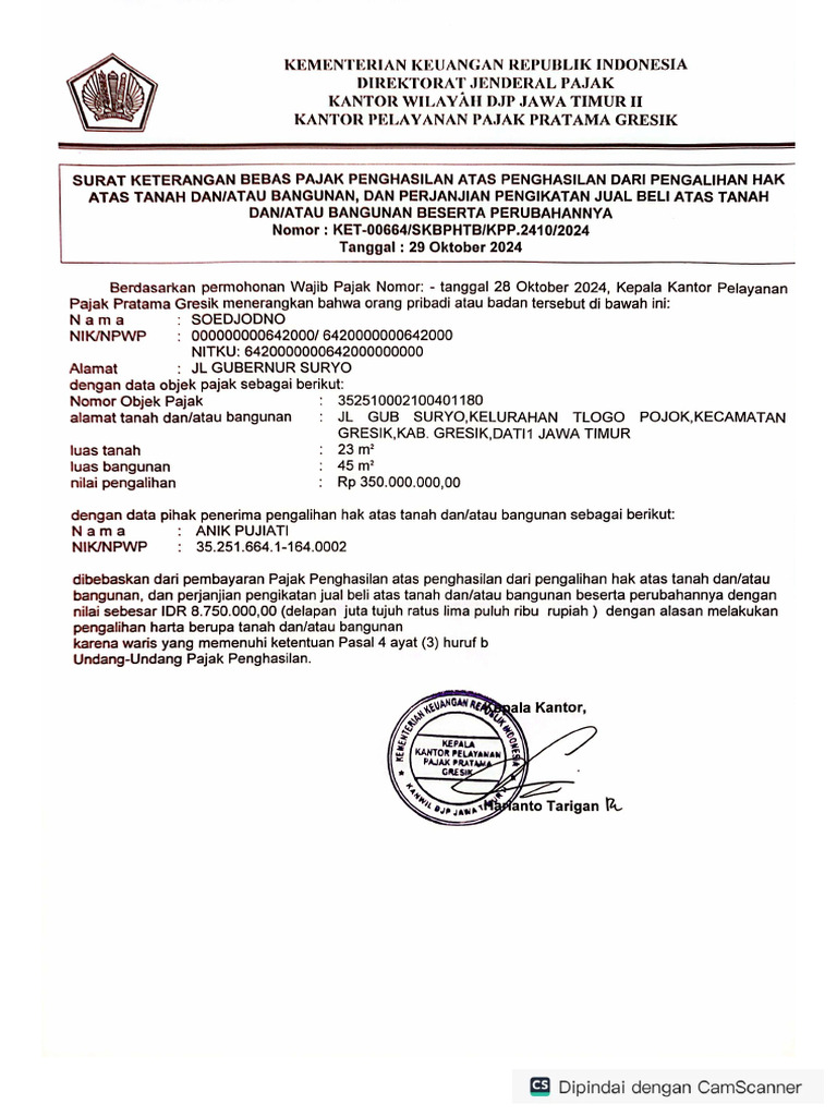 Surat Keterangan Bebas Pajak Sudjudno | PDF