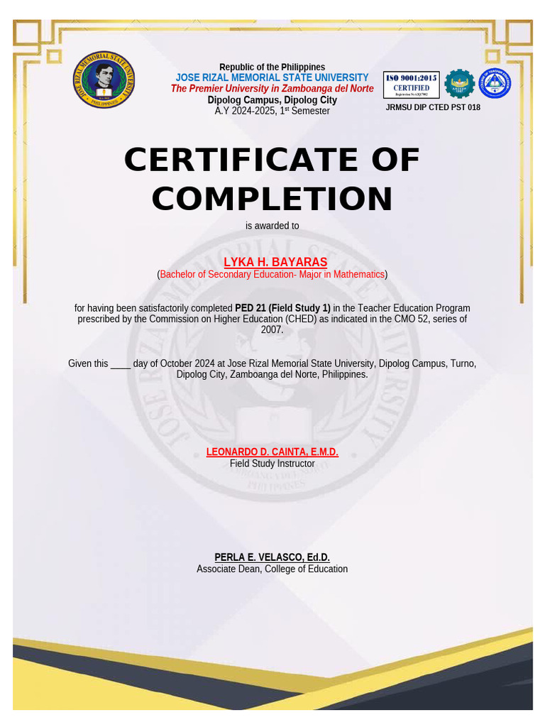 Certificate of Completion for Field Study | PDF