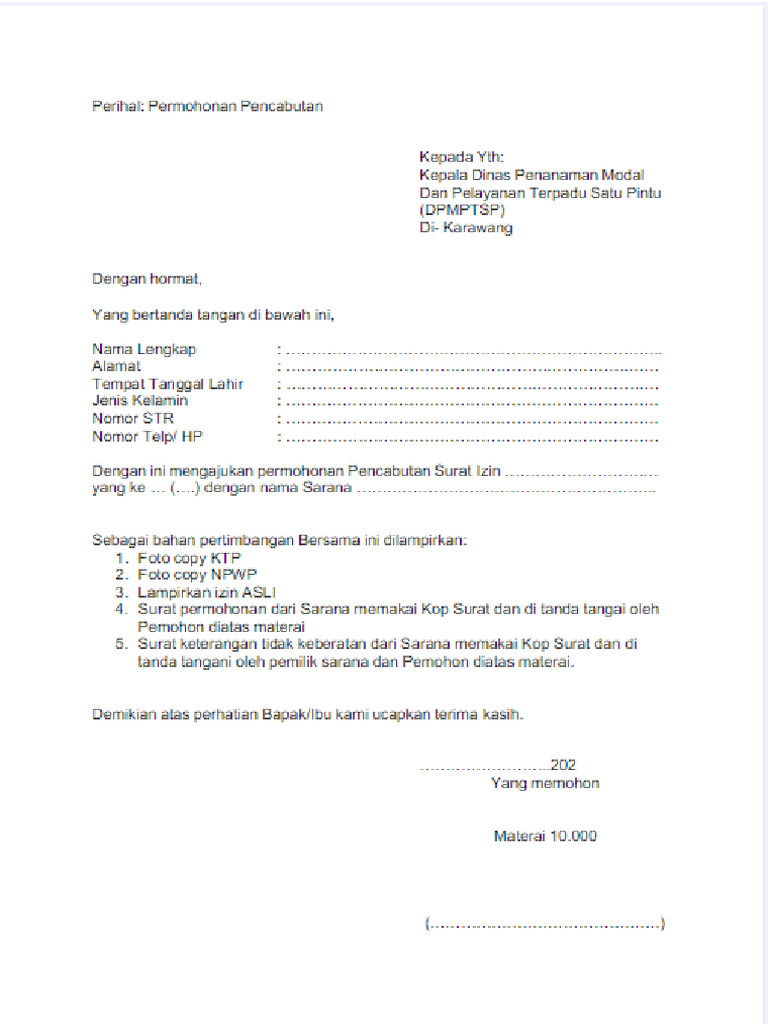 Surat Permohonan Pencabutan SIP | PDF