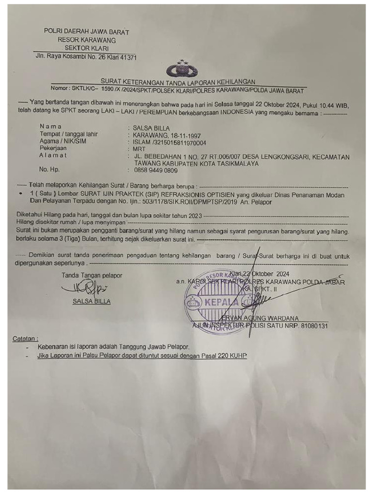 Surat Kehilangan SIP | PDF