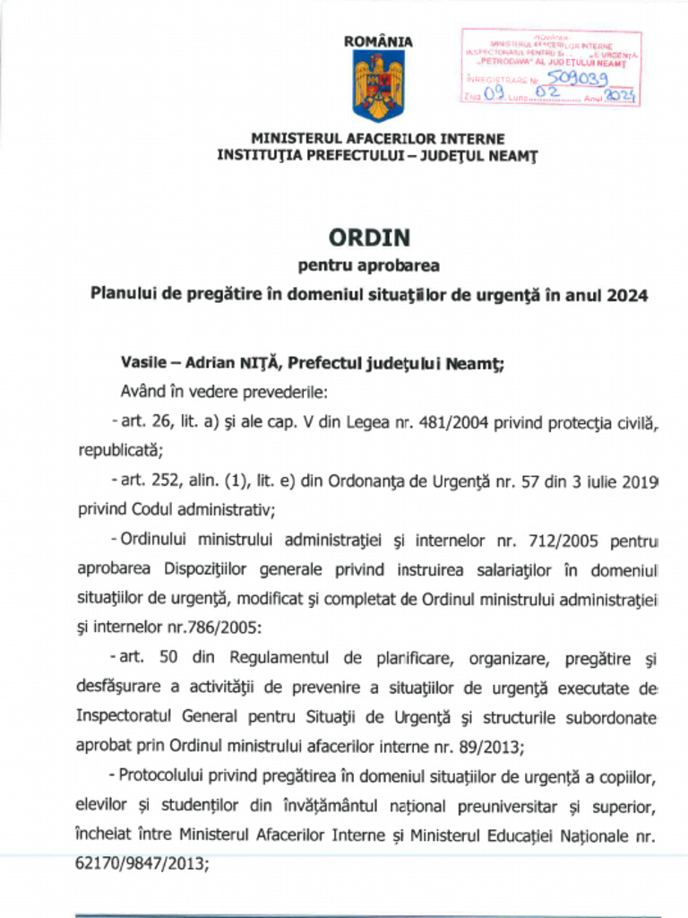 Ordin Prefect Aprobare Plan Pregatire 2024 | PDF
