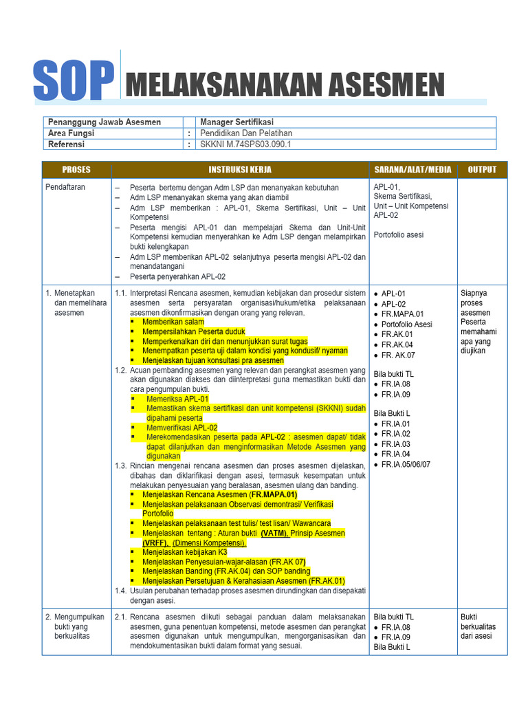 SOP Melaksanakan Asesmen | PDF