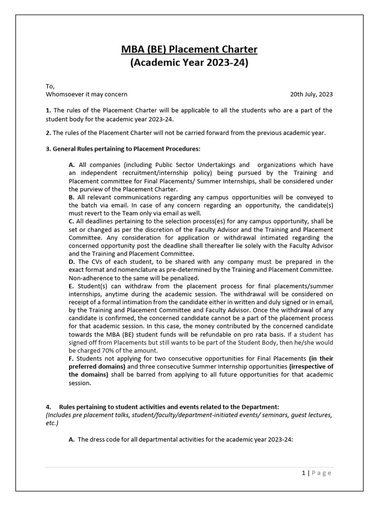 Placement Charter 2023-24 | PDF | Presidents Of The United States ...