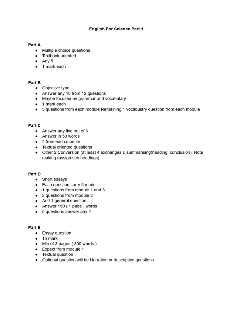 English For Science Part 1 Question Pattern | PDF