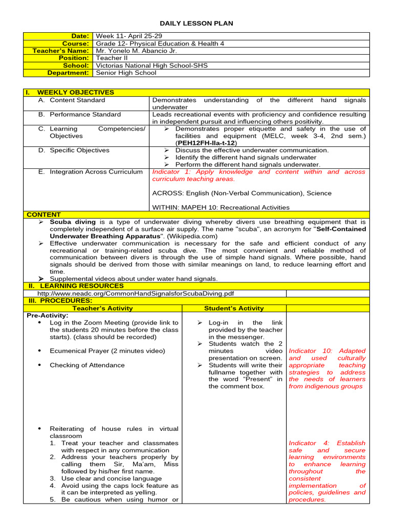 Underwater Hand Signals Lesson Plan | PDF | Underwater Diving | Scuba ...