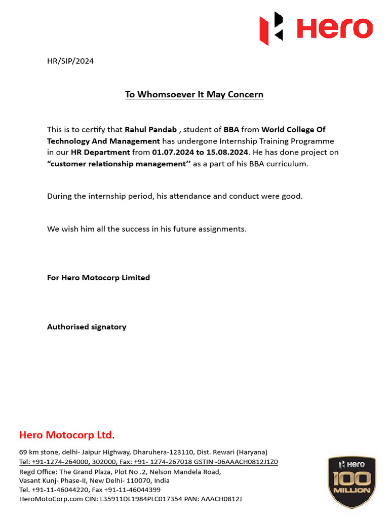 Hero Orginal Certificate Rahul | PDF | Business