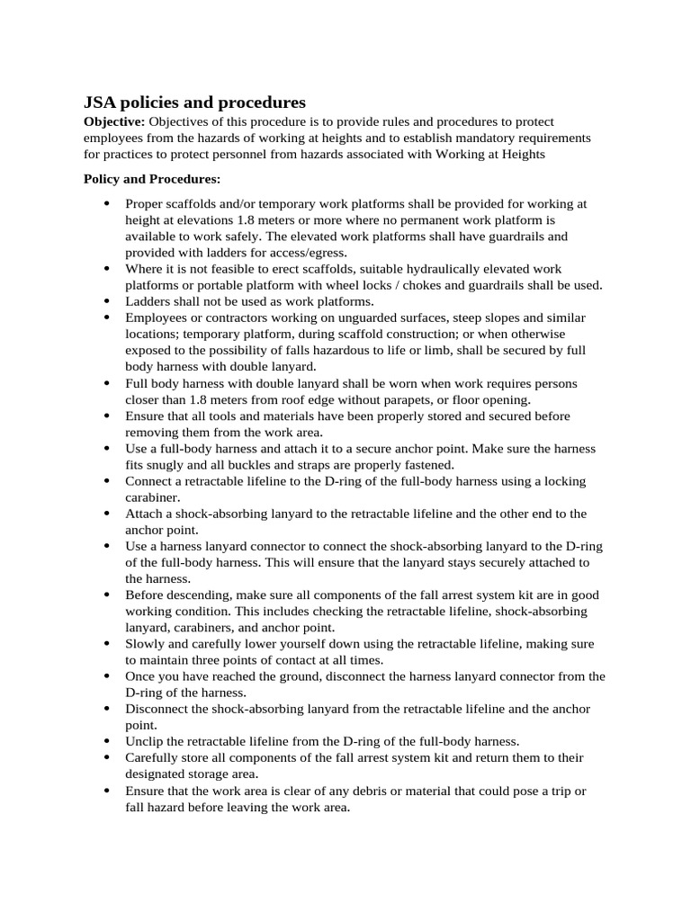 JSA Policies and Procedures | PDF | Scaffolding | Safety