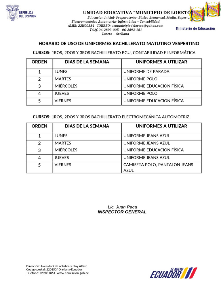 Horario de Uso de Uniformes para Los Estudiantes | PDF