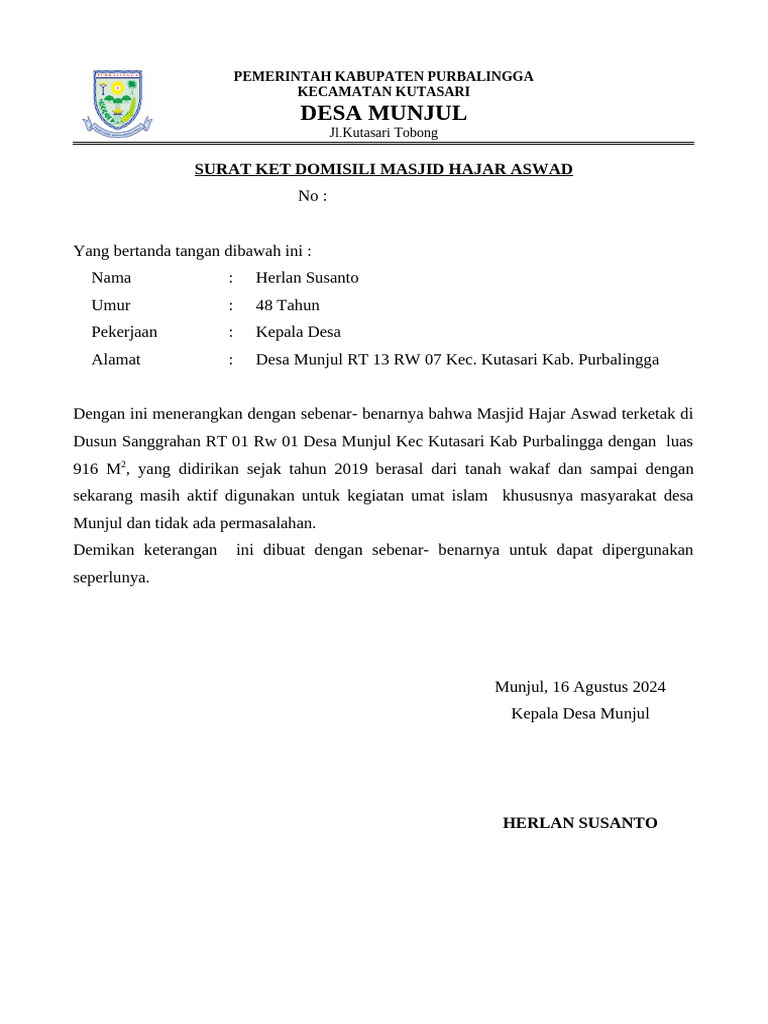 Surat Keterangan Domisili Masjid Hajar Aswad | PDF