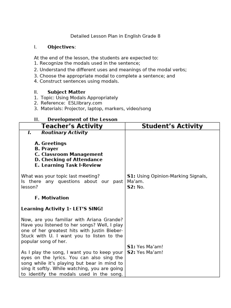 Detailed Lesson Plan in Using Modals Correctly | PDF | Verb | Syntax