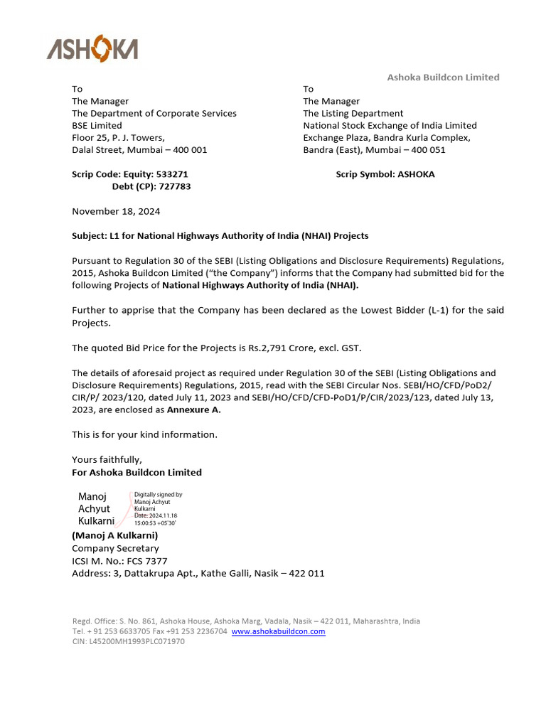 Ashoka Buildcon Limited: Scrip Code: Equity: 533271 Scrip Symbol ...
