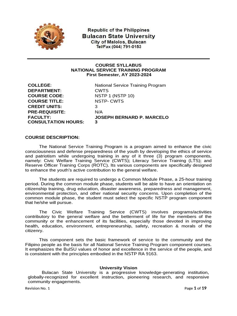 NSTP CWTS Course Syllabus 2023-2024 | PDF | Leadership | Volunteering