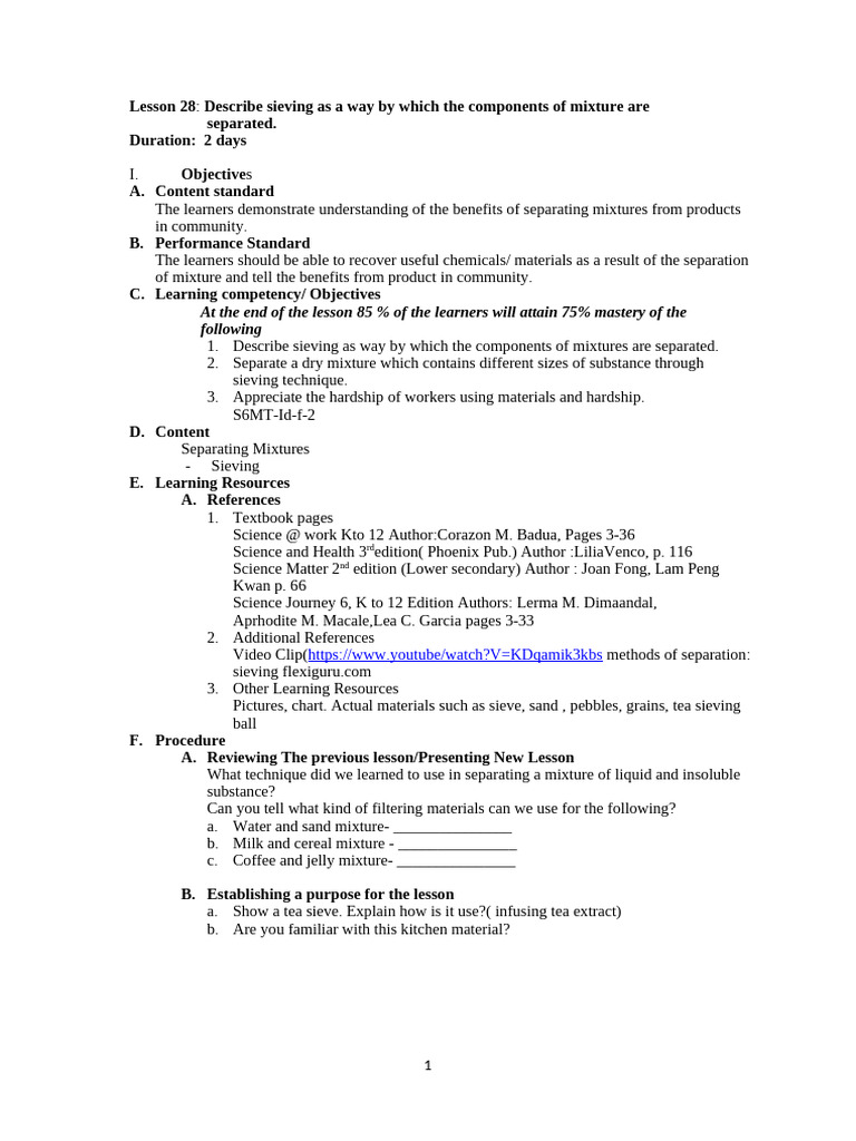 1st Quarter Lesson 28 Describe Sieving As A Way by Which The Components ...