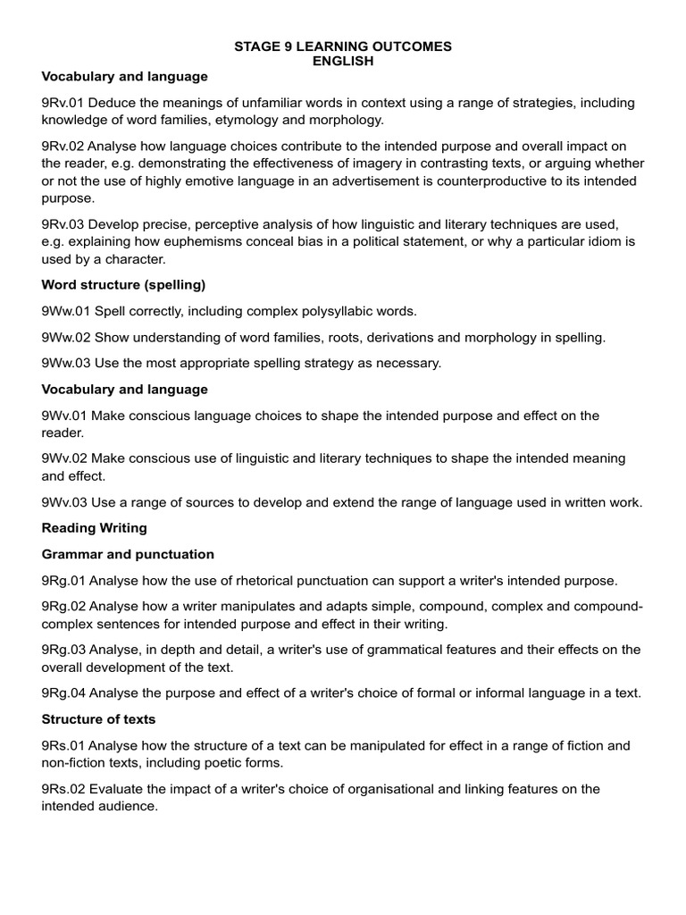 Stage 9 Learning Outcomes | PDF | Linguistics | Grammar