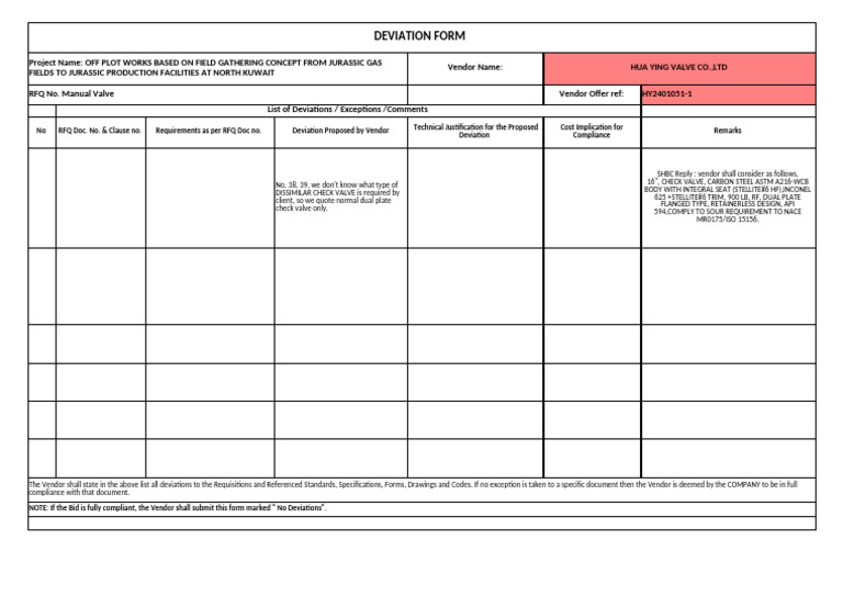 HY24010511 - Deviation Form - With SHBC Reply | PDF | Valve