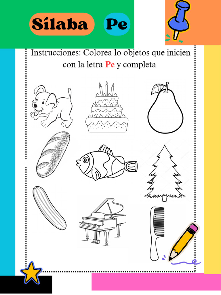 Sílaba Pe: Instrucciones: Colorea Lo Objetos Que Inicien Con La Letra y ...