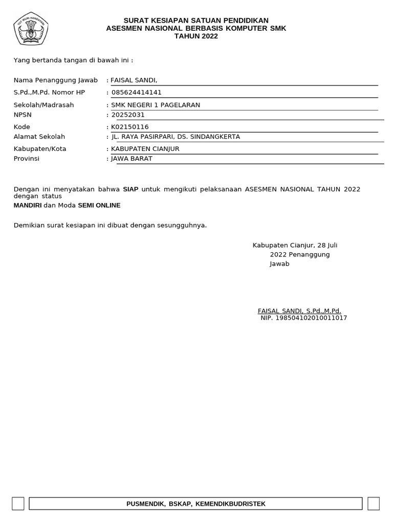 Surat Kesiapan | PDF