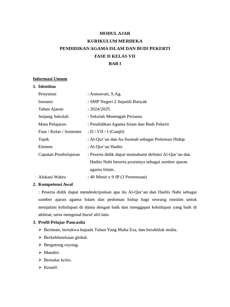 PAI Kelas 7 - Modul (KM) - Bab 01 | PDF | Karier & Perkembangan | Seni & Disiplin Bahasa