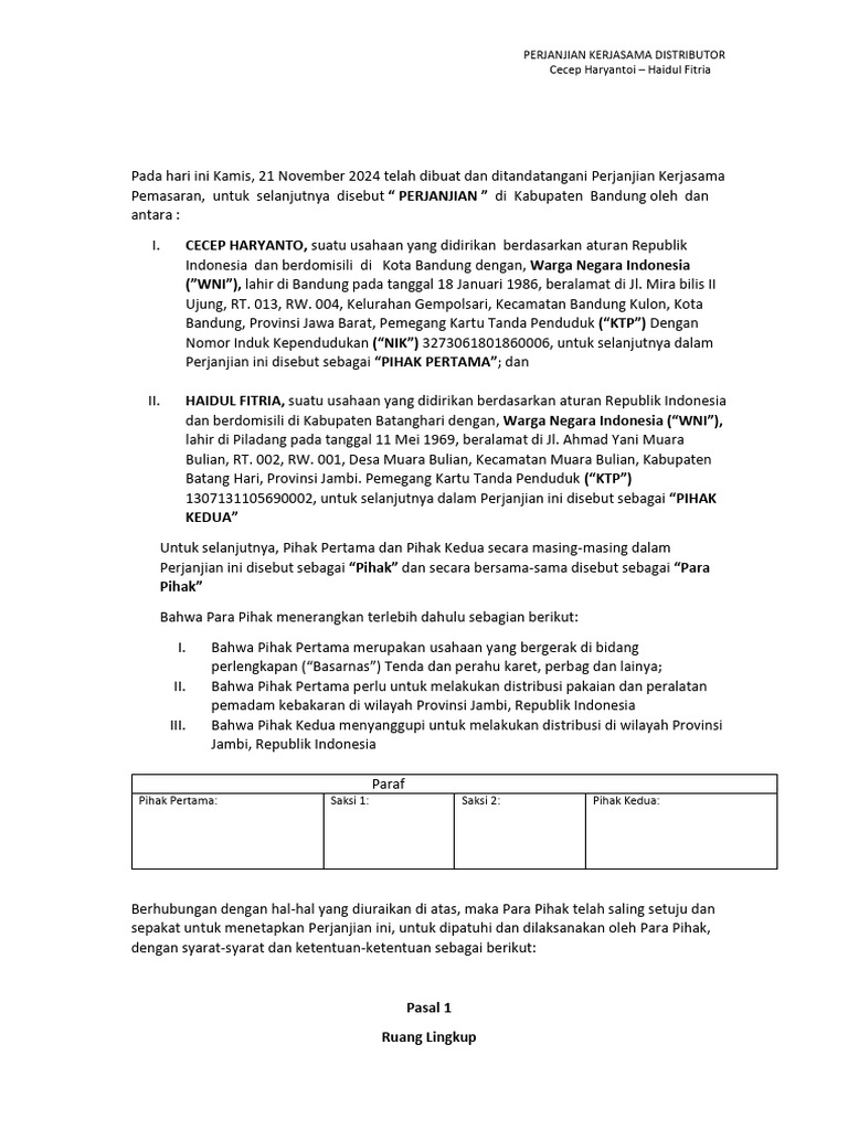 Perjanjian Kerjasama Haidul Fitria Dan Cecep | PDF