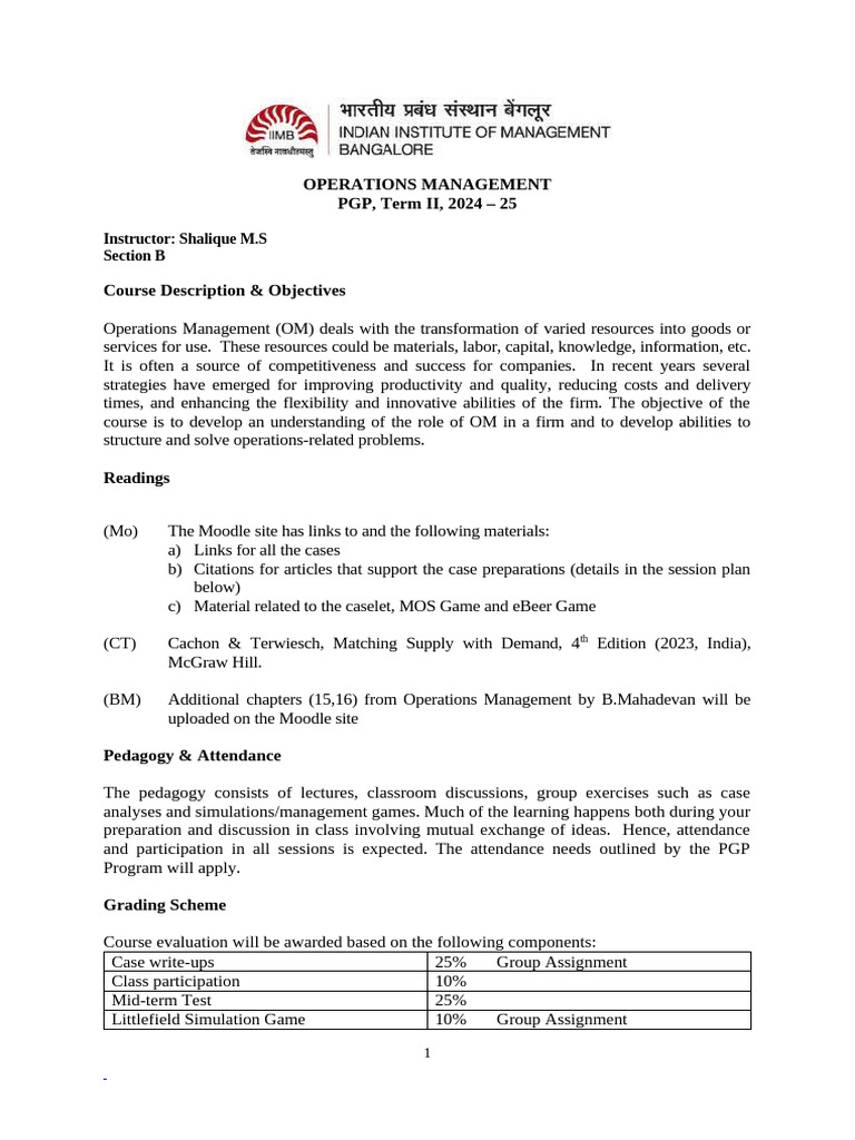 OM Core Outline 2024 Section B | PDF | Operations Management