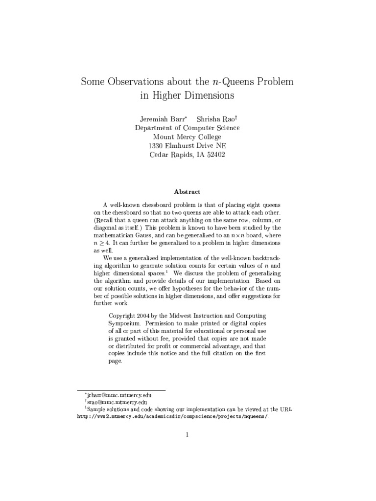 Some Observations About The N-Queens Problem in Higher Dimensions | PDF