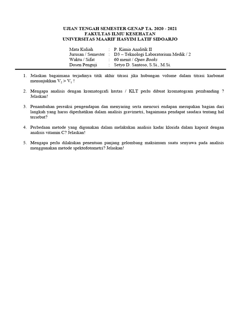 Uts P. Kimia Analitik Ii Ta 2020 - 2021 (Genap) | PDF | Pengembangan Diri | Sains & Matematika