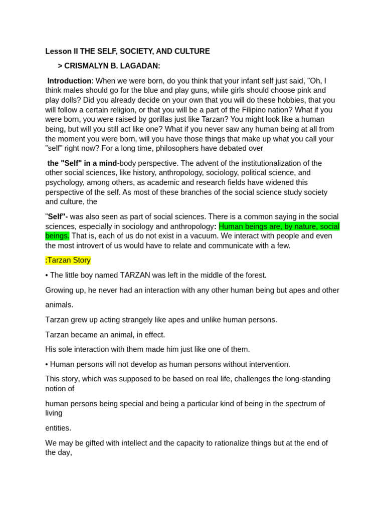 Lesson II the Self | PDF | Society | Identity (Social Science)
