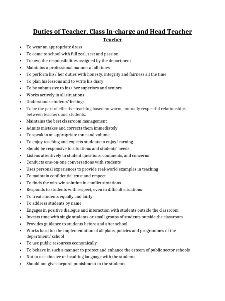 Qualities of Teacher, Class Incharge and Head Teacher | PDF | Teachers ...