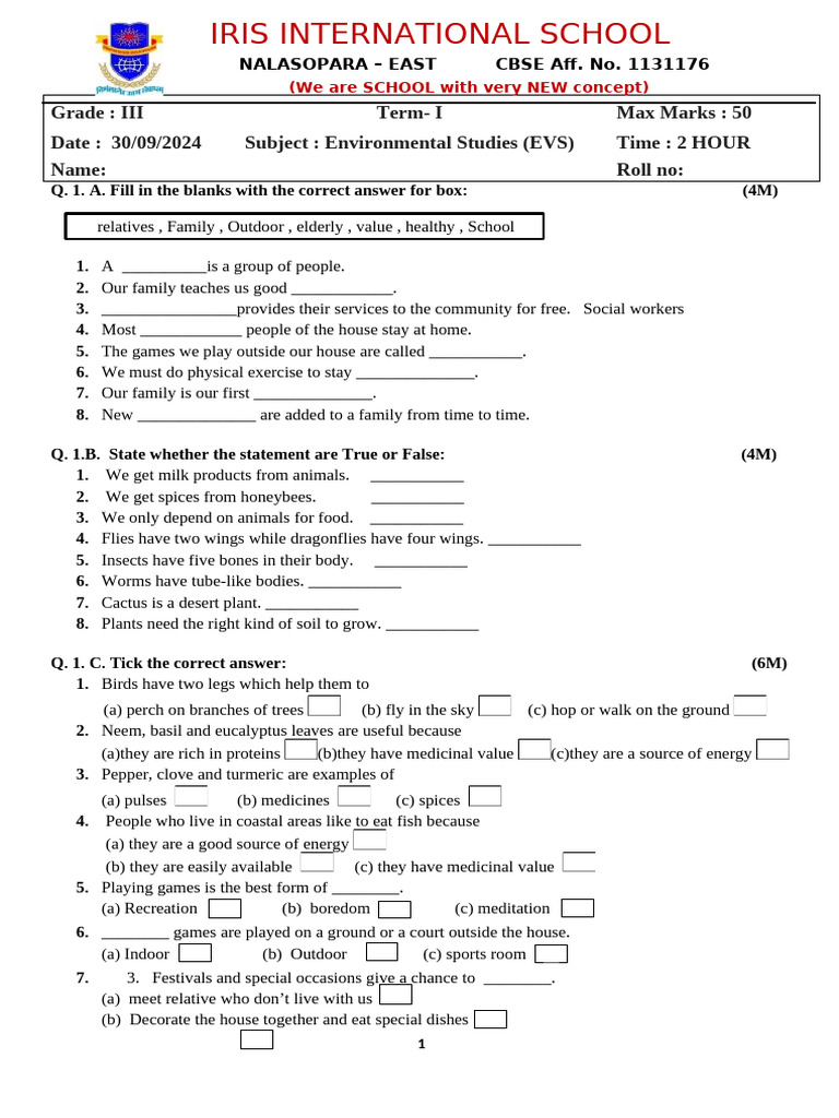 Class 3 EVS Term 1 Question Paper | PDF