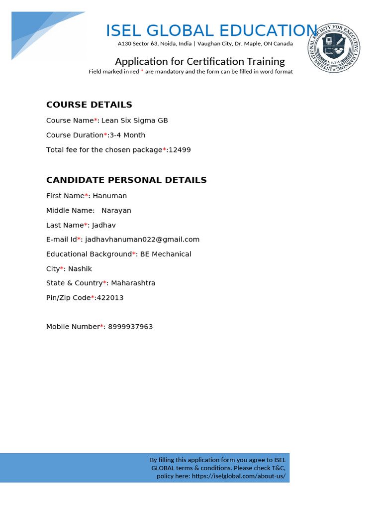Certification Application Form - ISEL GLOBAL | PDF