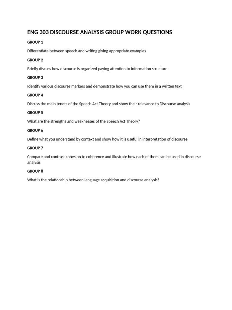 Eng 303 Discourse Analysis Group Work Questions | PDF | Language Arts ...