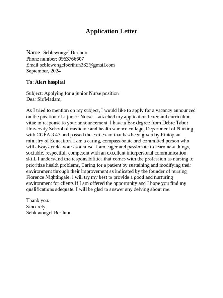 Application for Junior Nurse Position | PDF