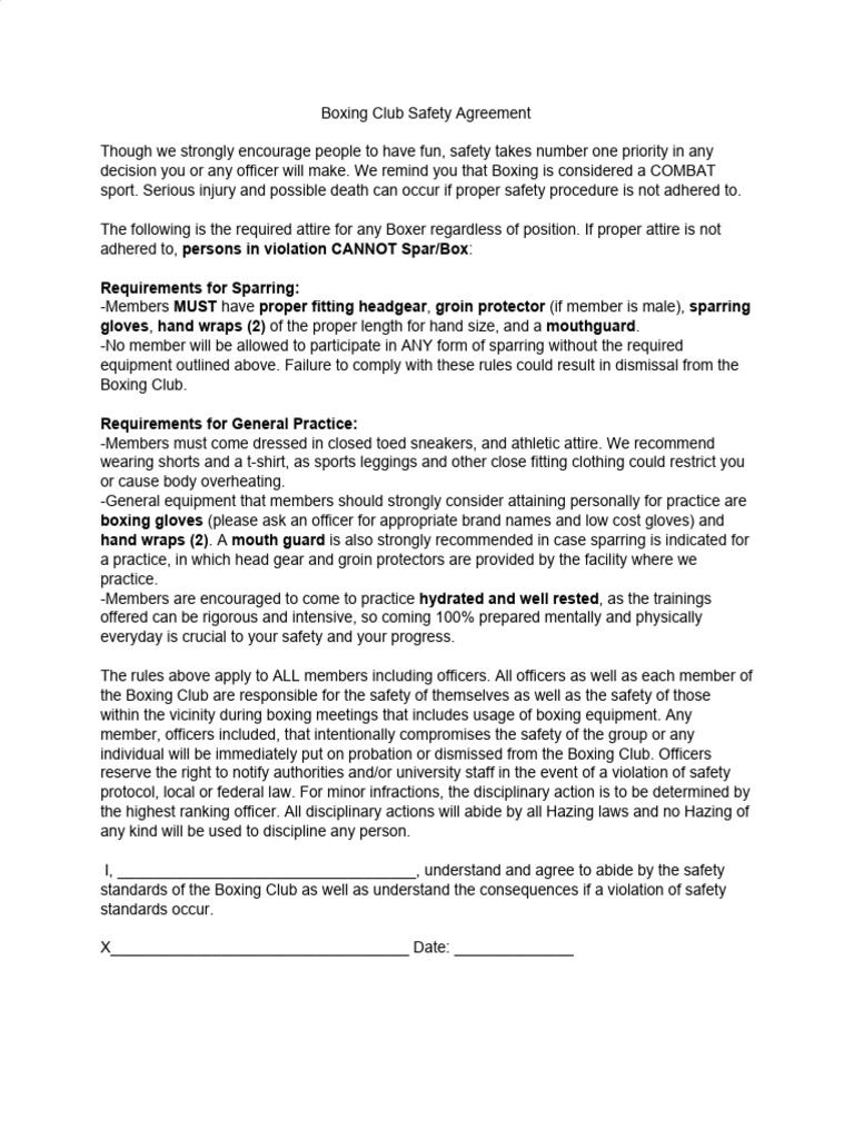 Boxing Club Safety Agreement | PDF | Clothing