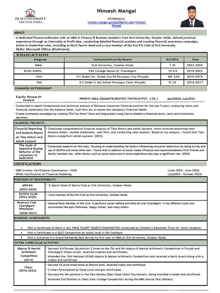 Nimesh Mangal Resume | PDF | Financial Analyst | Financial Economics
