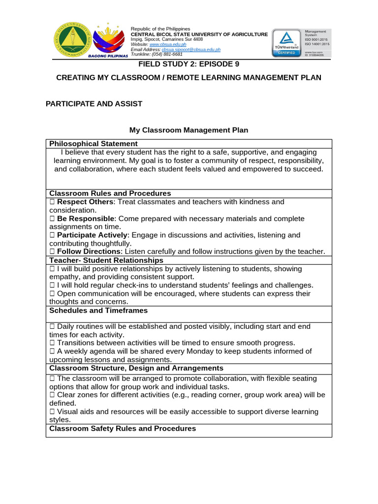 Classroom Management Plan for Remote Learning | PDF | Lesson Plan ...