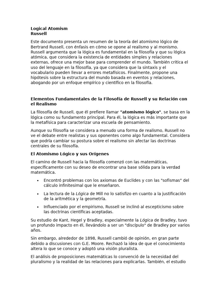 Apuntes Logical Atomism | PDF | Bertrand Russell | Realismo filosófico
