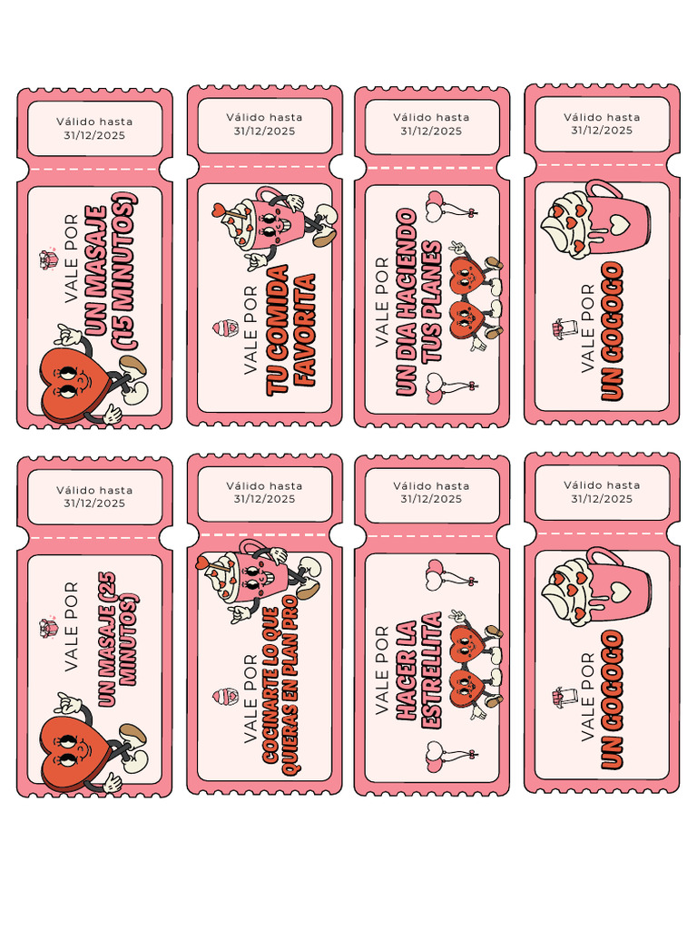 Documento A4 Cupones de Regalo para San Valentín Ilustrado Rosa y Rojo ...