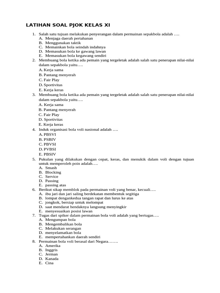 Latihan Soal Pjok Kelas Xi 2024 | PDF | Olahraga & Rekreasi